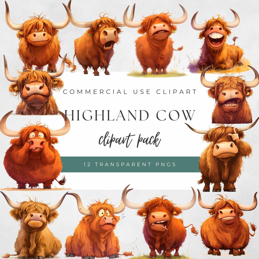 Funny Highland Cow Clipart, Quirky Cows Clipart Pack, 12 Pngs, 12x12 ...