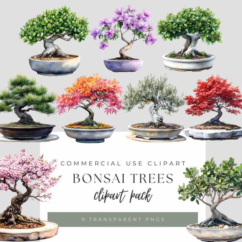 Bonsai Trees Clipart, Printable Watercolor Botanical Art, Japanese ...