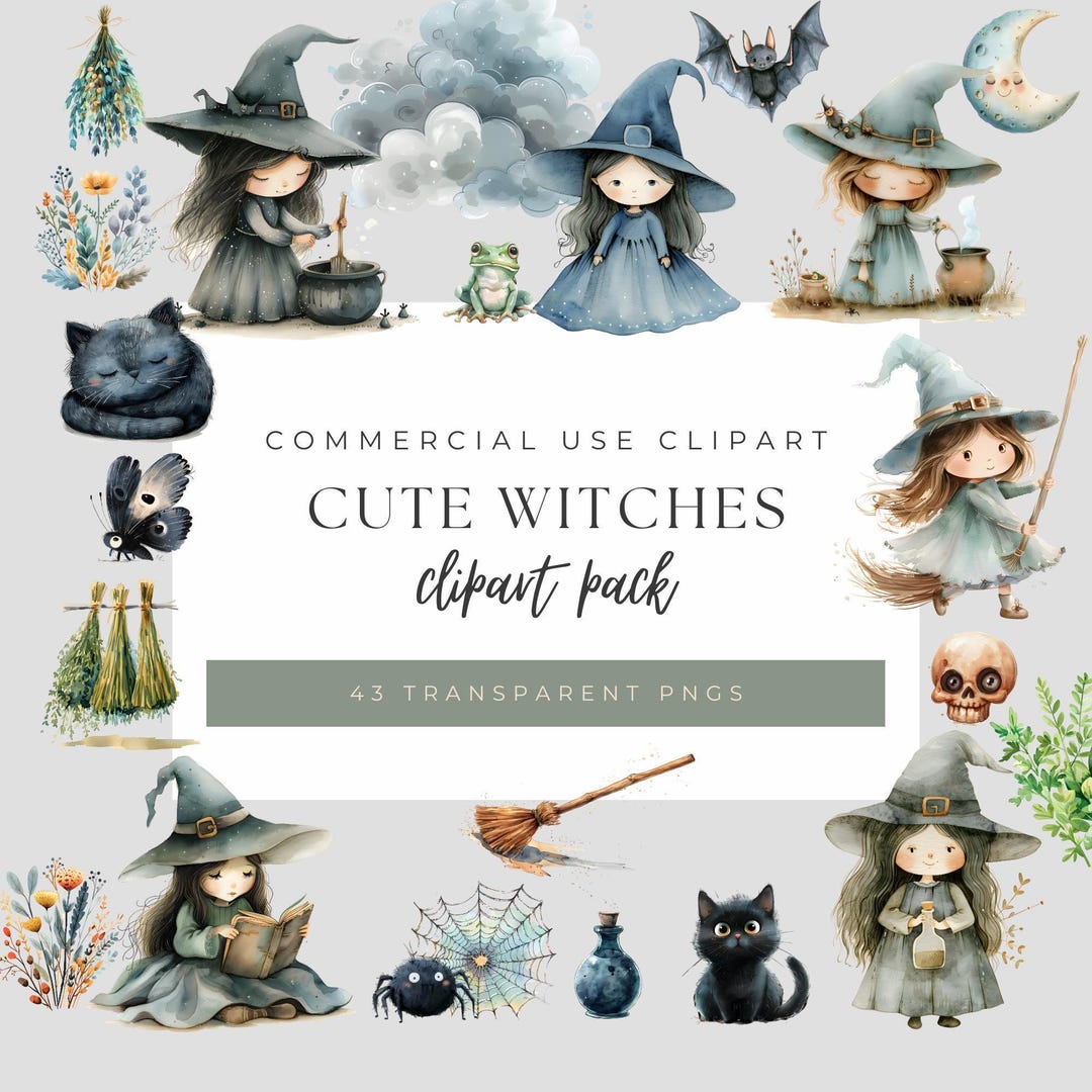 Cute Witches Clipart Pack, Whimsical Halloween Clipart, POD, 43 Pngs ...