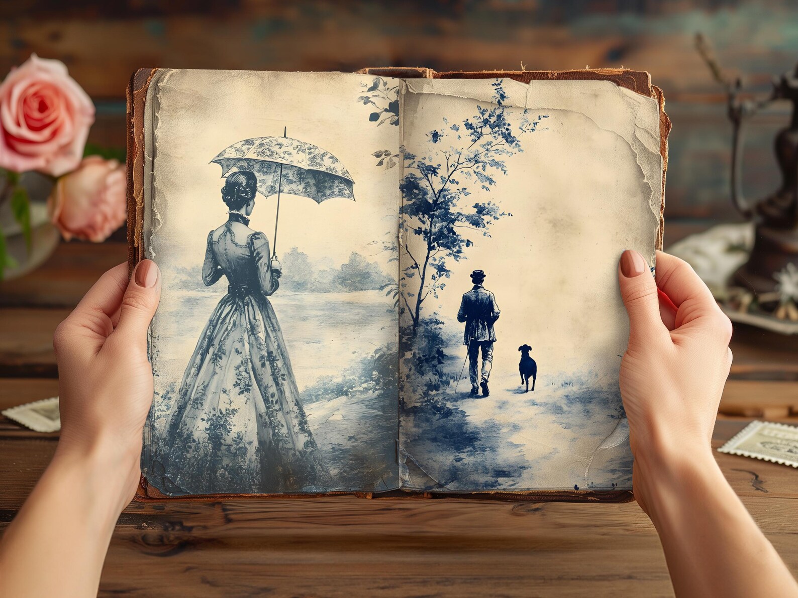 Blue Toile Victorian Printable Junk Journal Papers, Vintage Victorian ...