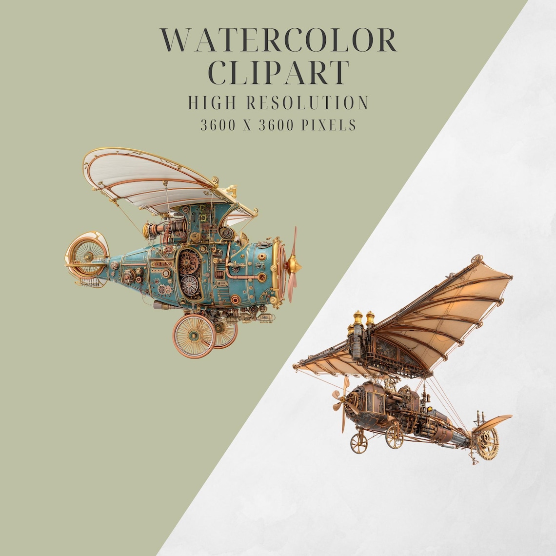 Steampunk Glider Clipart Pack | Vintage Flying Machine PNG | Fantasy ...