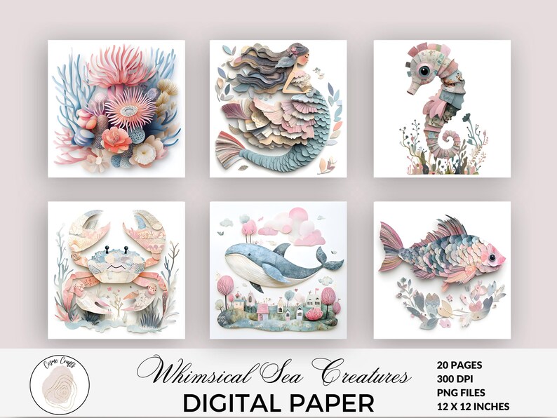 Whimsical Sea Creatures Printable Digital Paper, Patchwork, Nursery ...