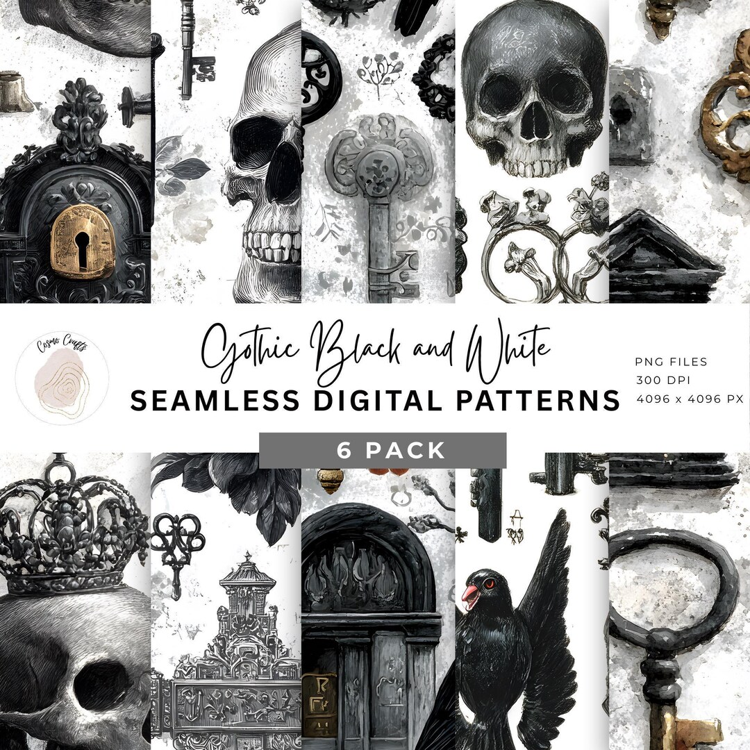 Gothic Black & White Digital Paper: Macabre Seamless Patterns (PNG ...