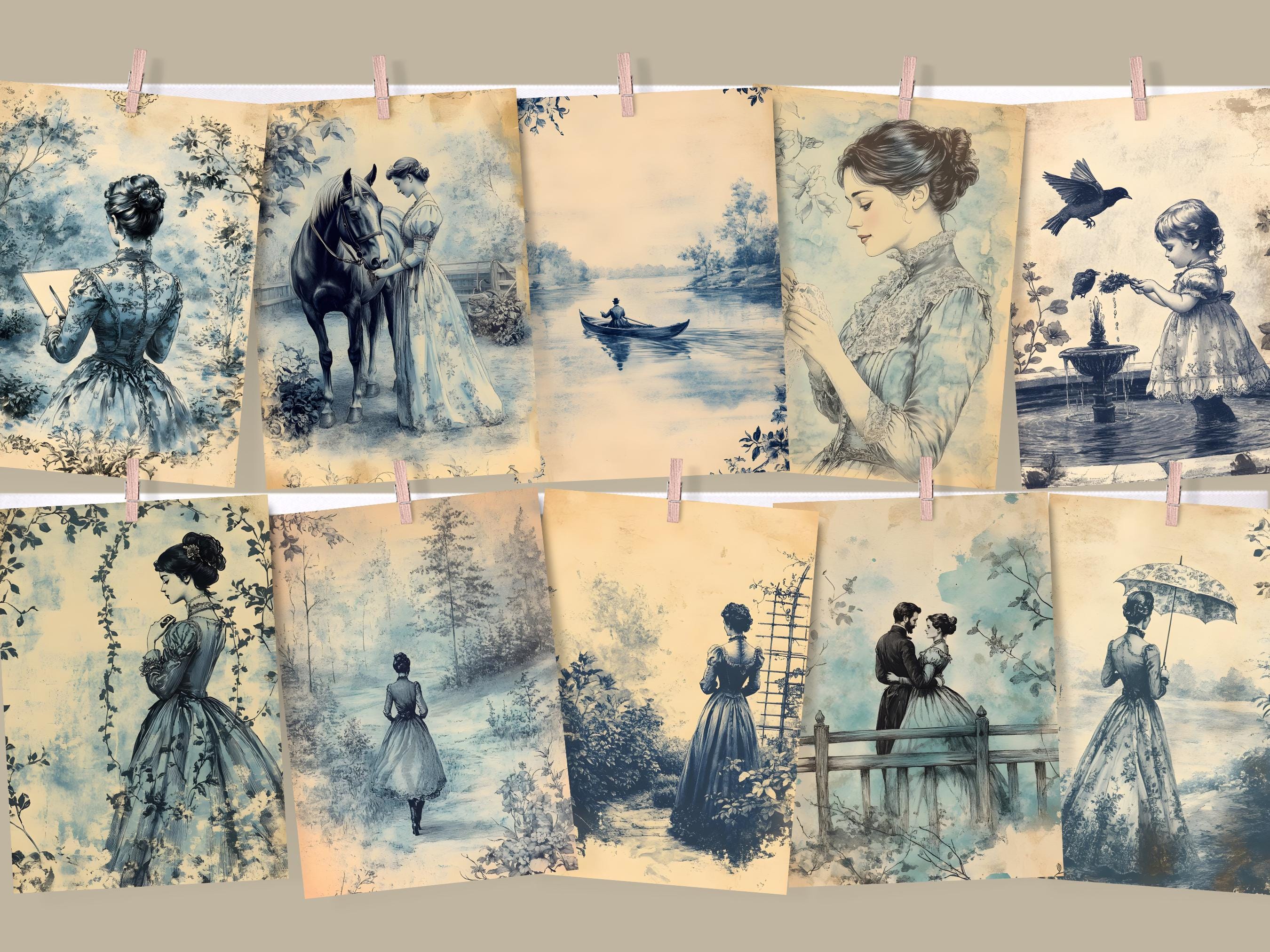 Blue Toile Victorian Printable Junk Journal Papers, Vintage Victorian ...