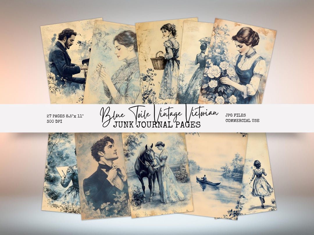 Blue Toile Victorian Printable Junk Journal Papers, Vintage Victorian ...