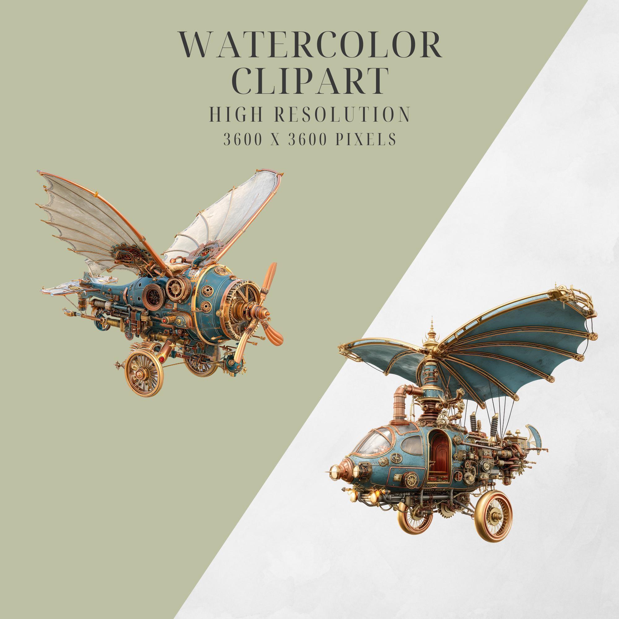 Steampunk Glider Clipart Pack | Vintage Flying Machine PNG | Fantasy ...