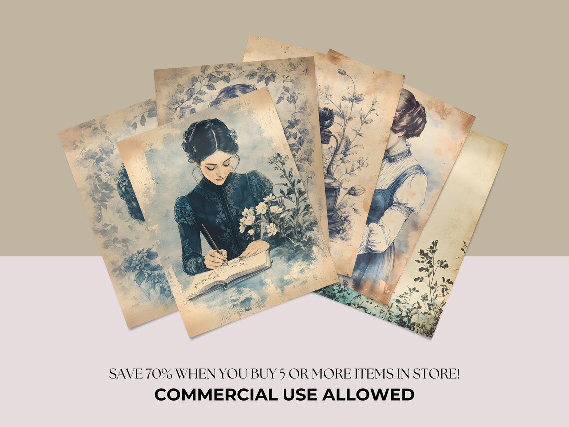 Blue Toile Victorian Printable Junk Journal Papers, Vintage Victorian ...