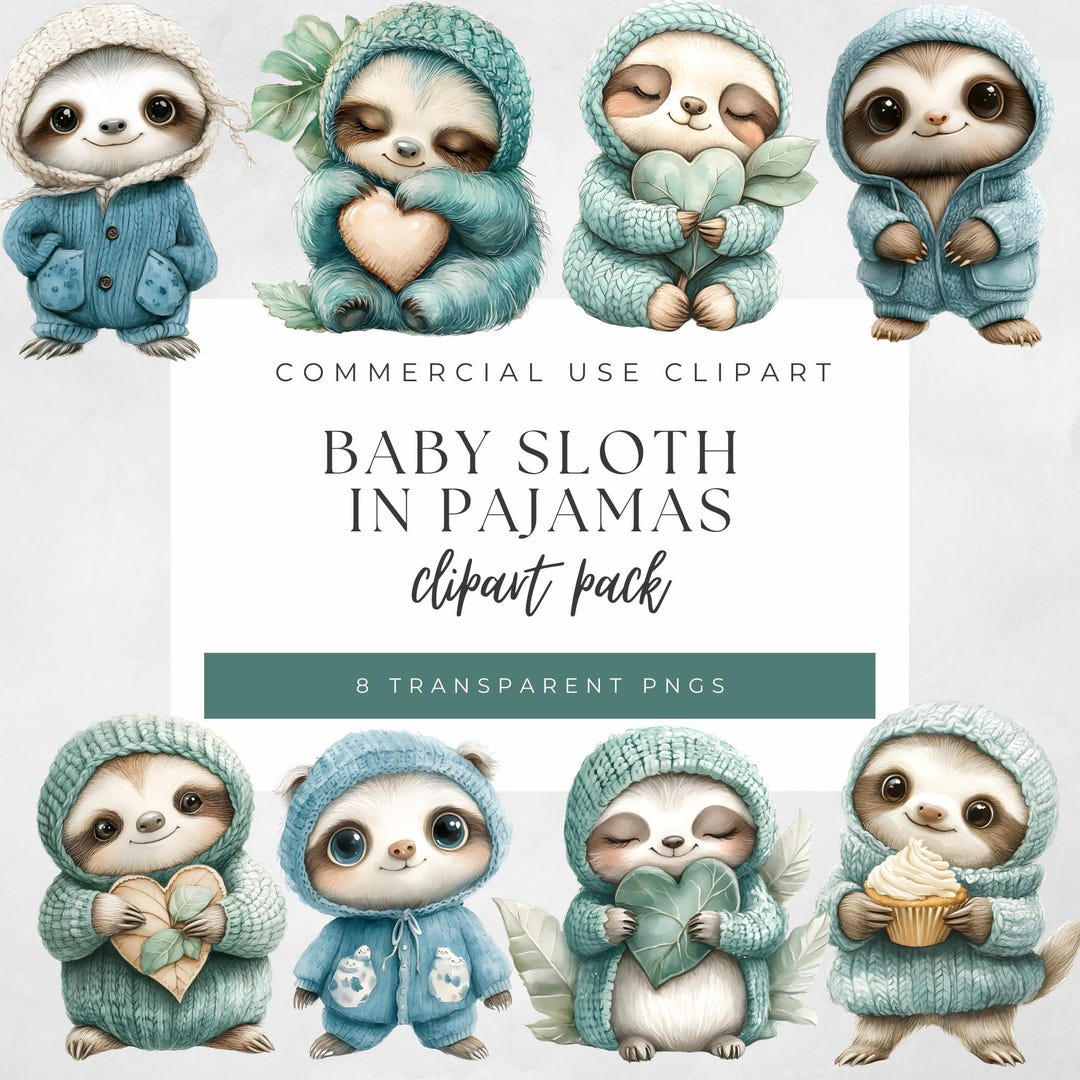 Cute Baby Sloth in Pajamas Clipart, Watercolor Baby Animals Clipart ...