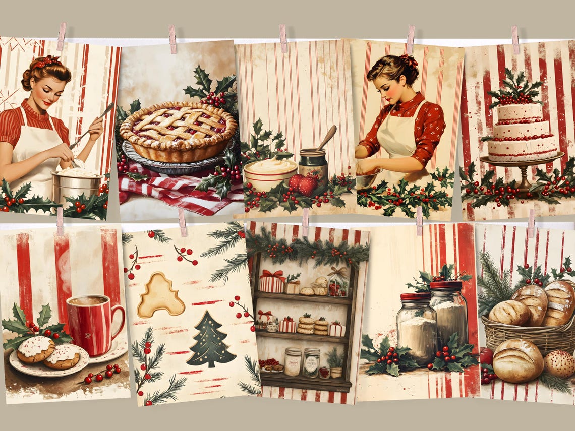 Vintage Christmas Bakery Junk Journal Papers, Cozy Red Christmas Bake ...