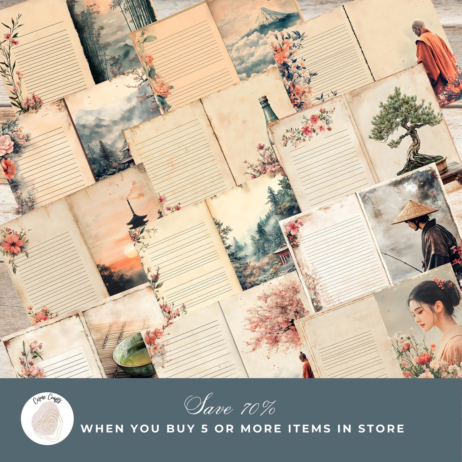 Japanese Lined Papers Junk Journal, Asian Inspired Journal Pages ...
