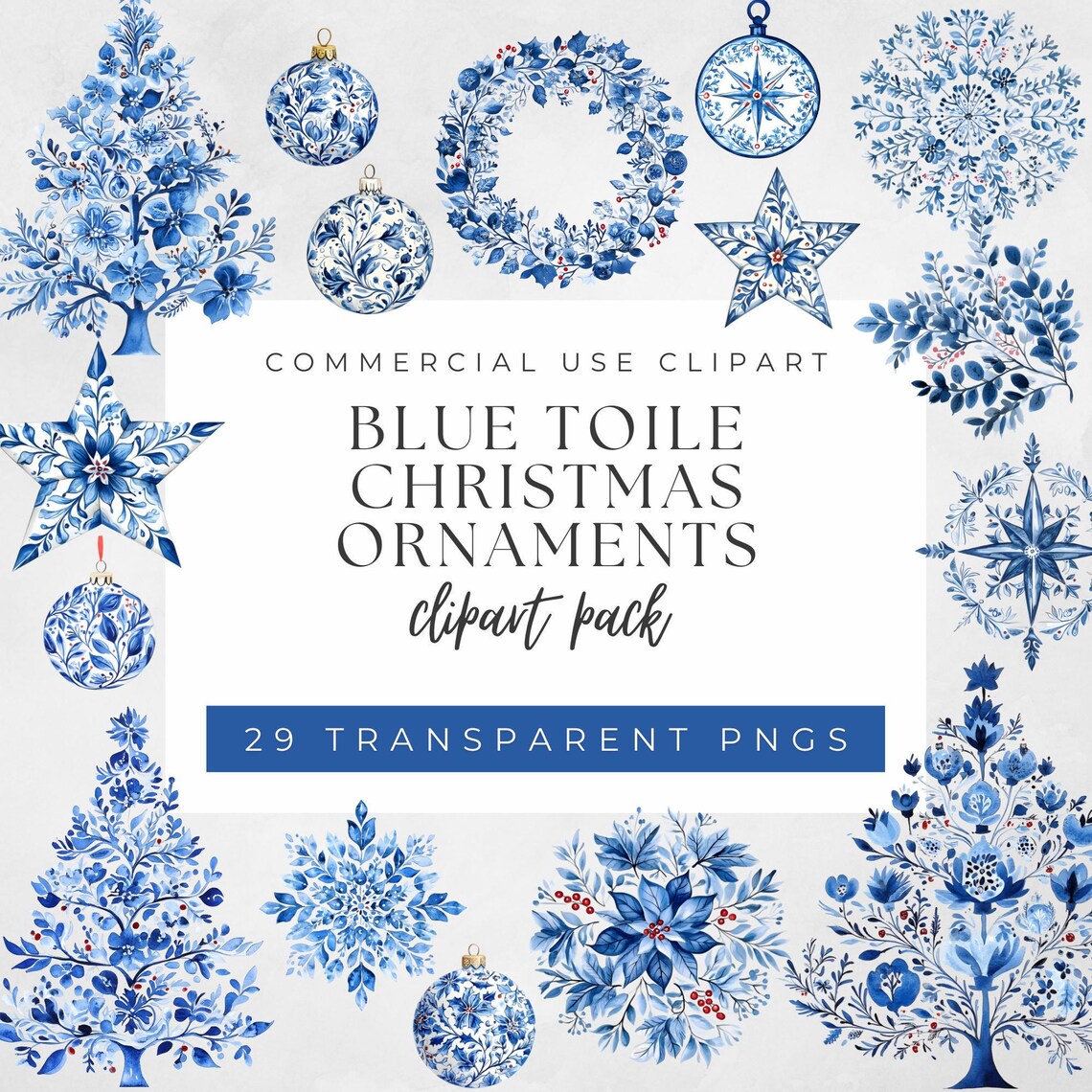 Blue Toile Christmas Ornaments Clipart, Christmas Trees Wreaths Stars ...