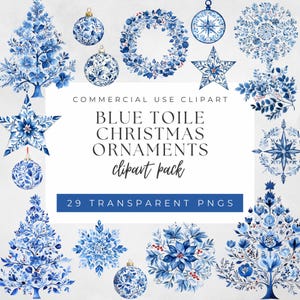 Blue Toile Christmas Ornaments Clipart, Christmas Trees Wreaths Stars ...