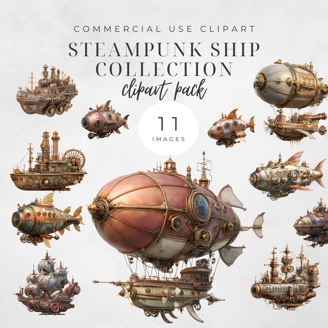 Steampunk Ship Clipart: Airship, Submarine, Steam Boat (instant ...