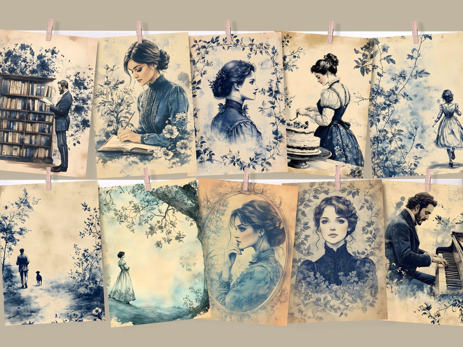 Blue Toile Victorian Printable Junk Journal Papers, Vintage Victorian ...