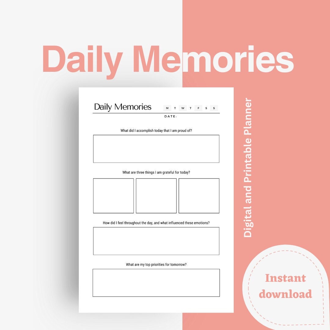 Printable Daily Review Template With Prompts Digital Planner Reflection ...
