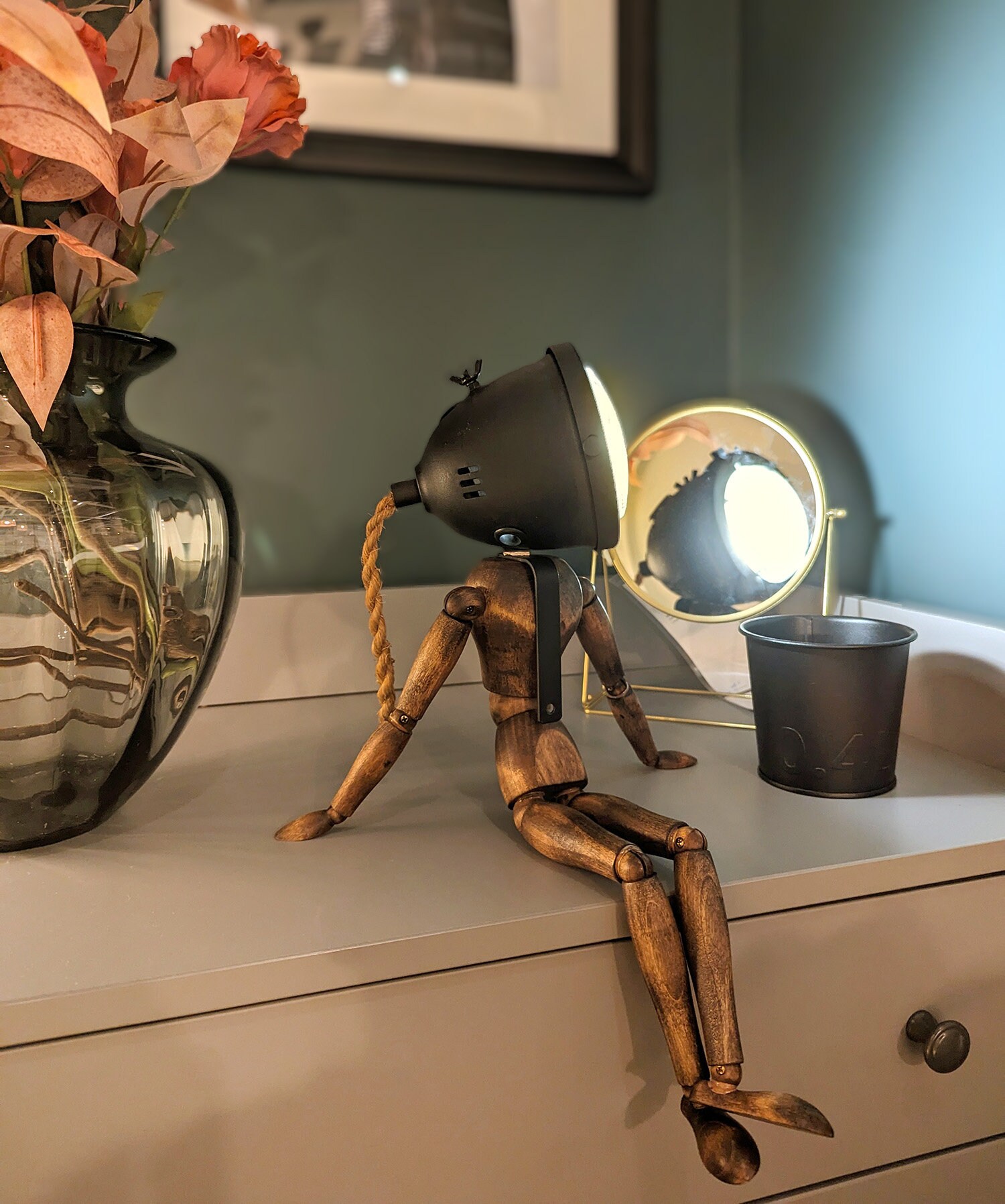 WOODEN MAN LAMP, Black Color, Portable Battery-powered Lamp, Unique ...