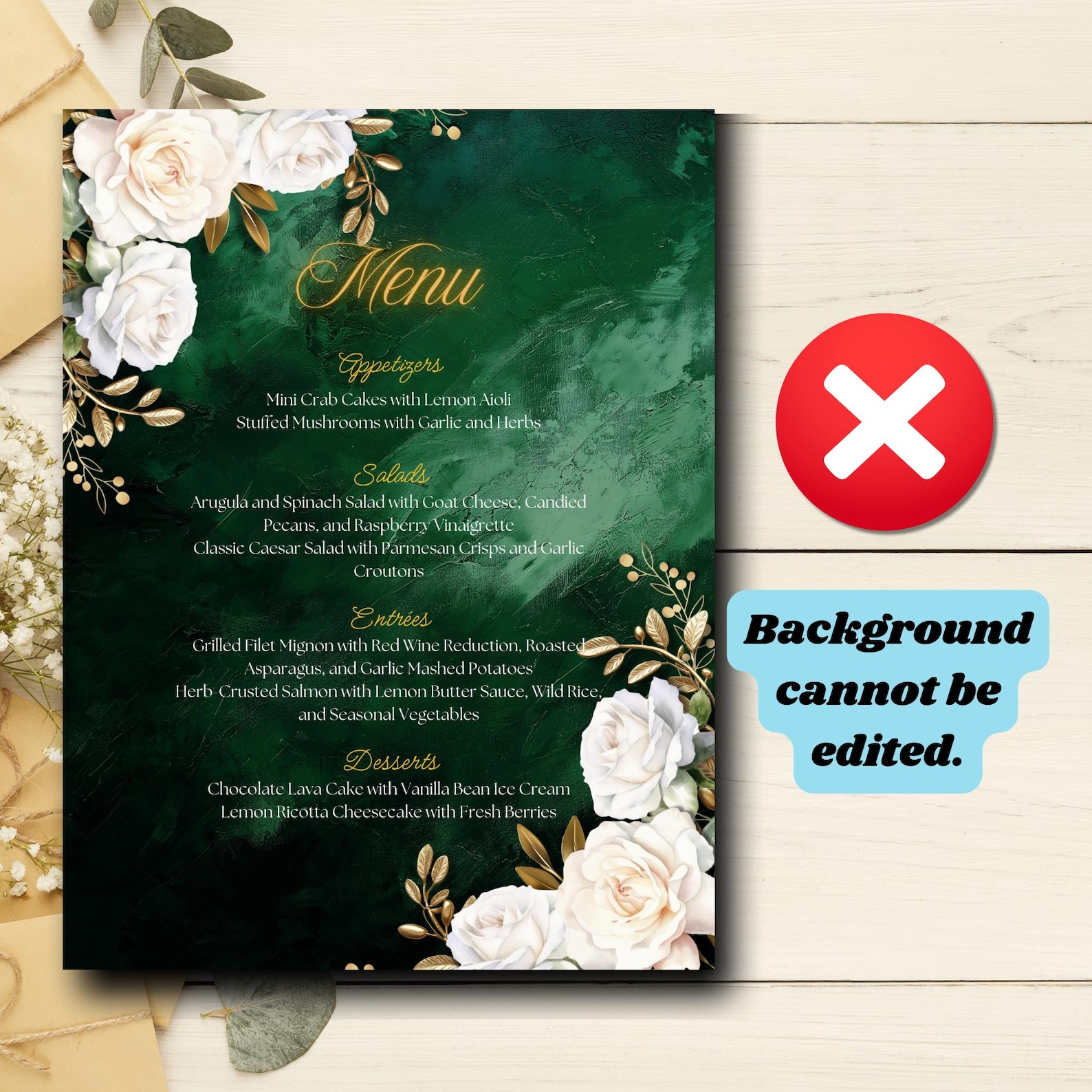 Editable Emerald Green and Gold Menu Card Template, Printable Green ...