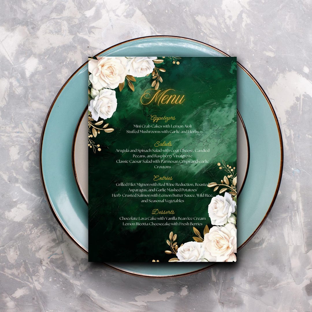 Editable Emerald Green and Gold Menu Card Template, Printable Green ...