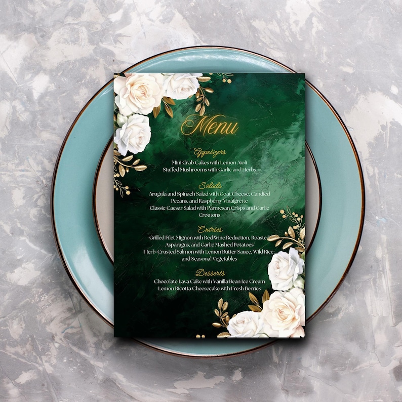 Editable Emerald Green and Gold Menu Card Template, Printable Green ...