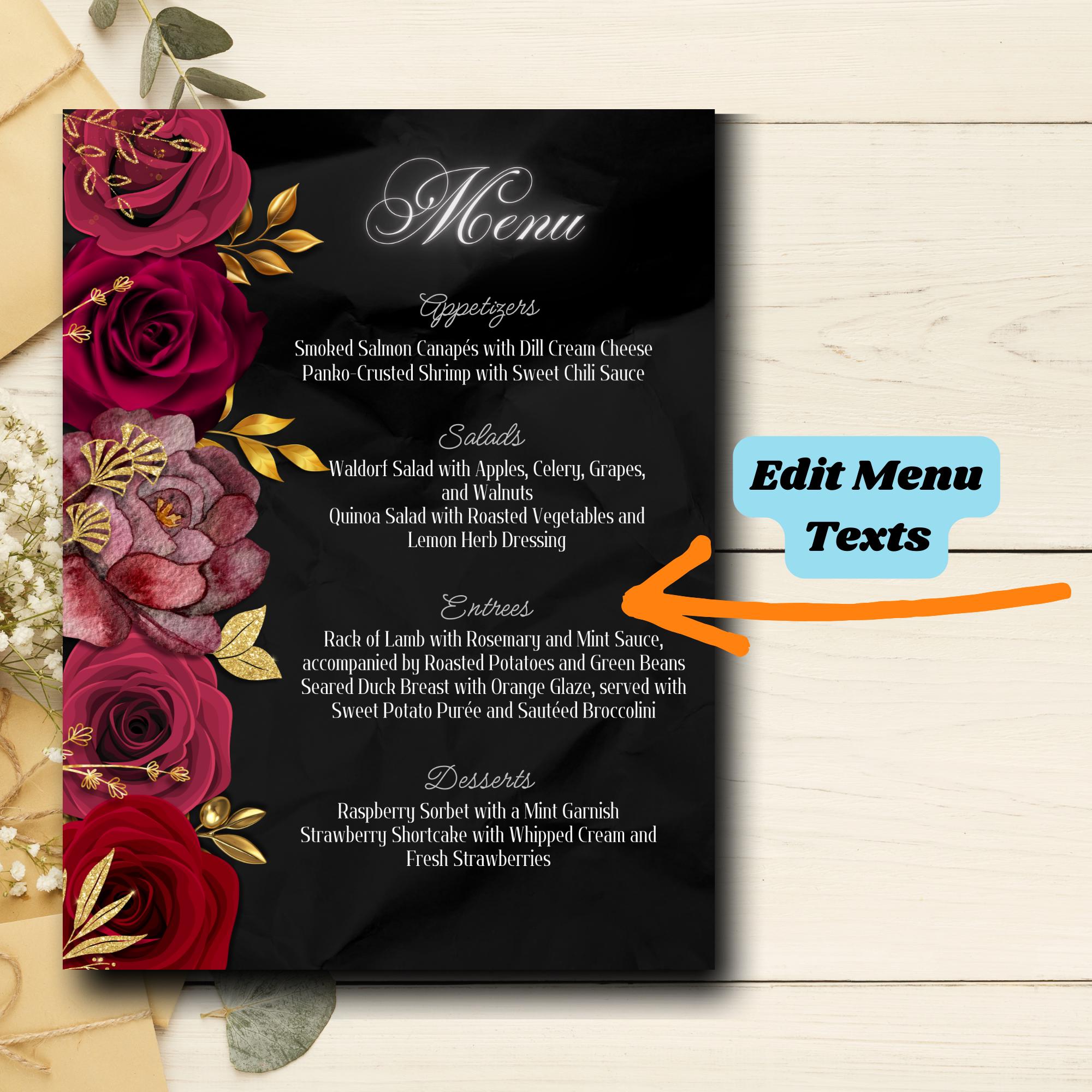 Editable Red Black Gold Wedding Menu Card Template, Printable Red Roses ...