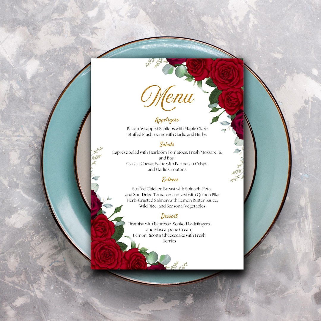 Wedding Menu Template Red Roses Editable, Wedding Menu Cards Template ...