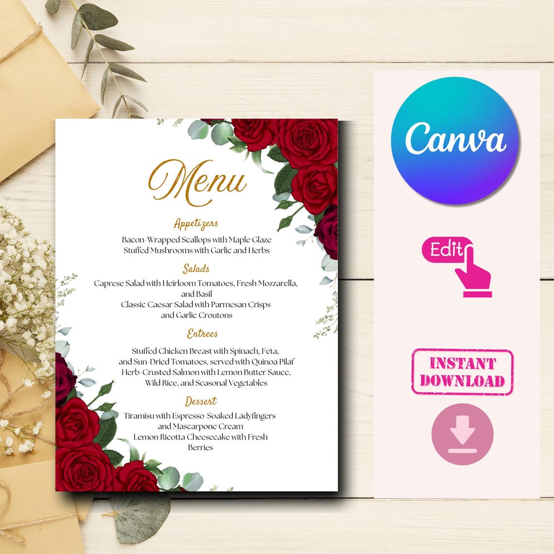 Wedding Menu Template Red Roses Editable, Wedding Menu Cards Template ...