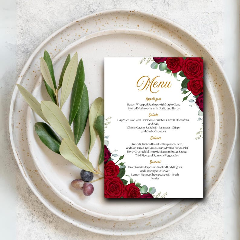 Wedding Menu Template Red Roses Editable, Wedding Menu Cards Template ...