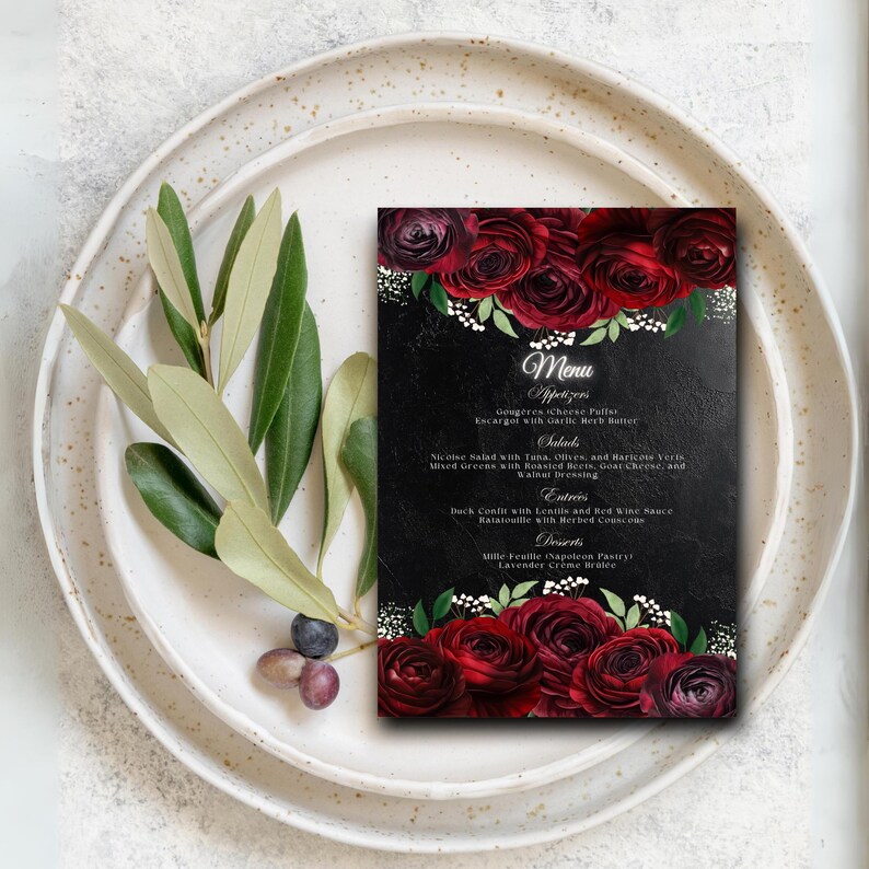 Editable Black Background With Dark Red Roses Wedding Menu Card ...