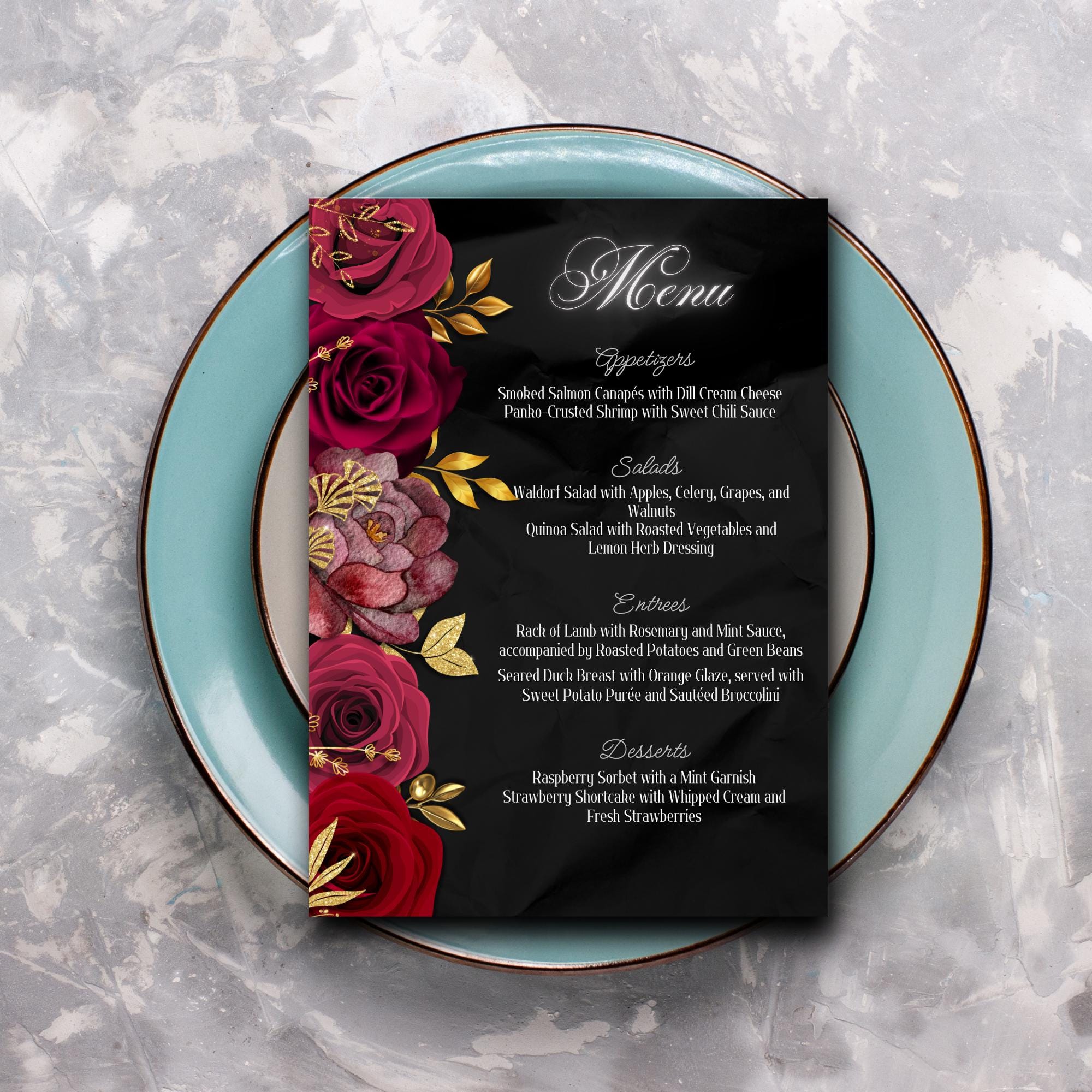 Editable Red Black Gold Wedding Menu Card Template, Printable Red Roses ...