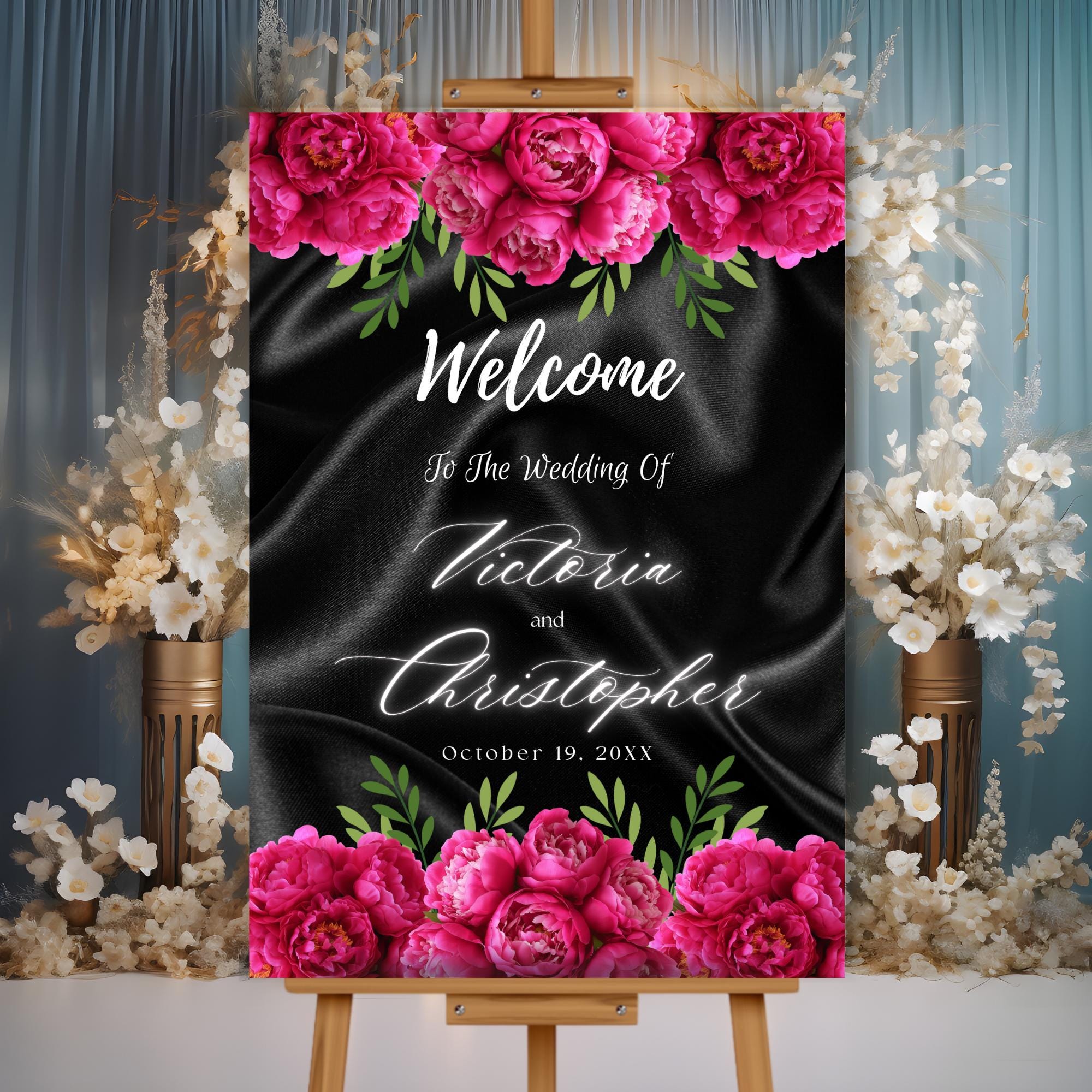 Editable Black and Pink Floral Wedding Welcome Sign Template, Printable ...