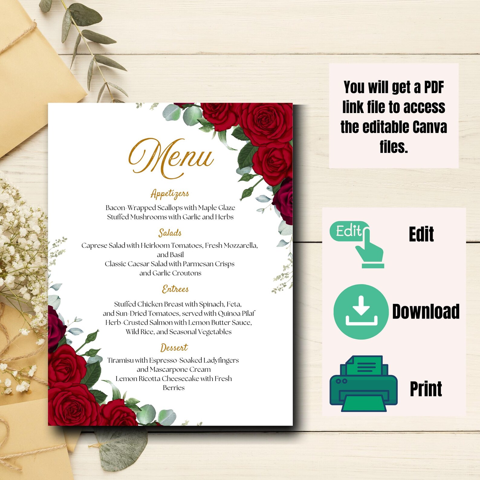 Wedding Menu Template Red Roses Editable, Wedding Menu Cards Template ...
