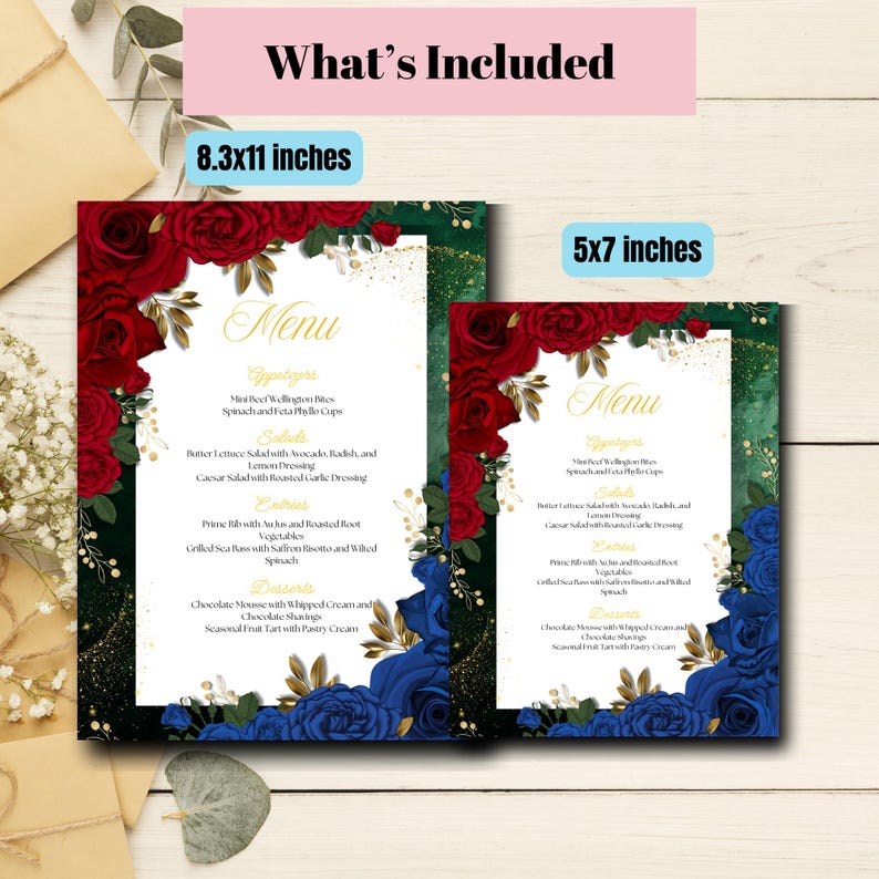 Editable Red and Blue Floral Wedding Menu Templates, Printable Emerald ...