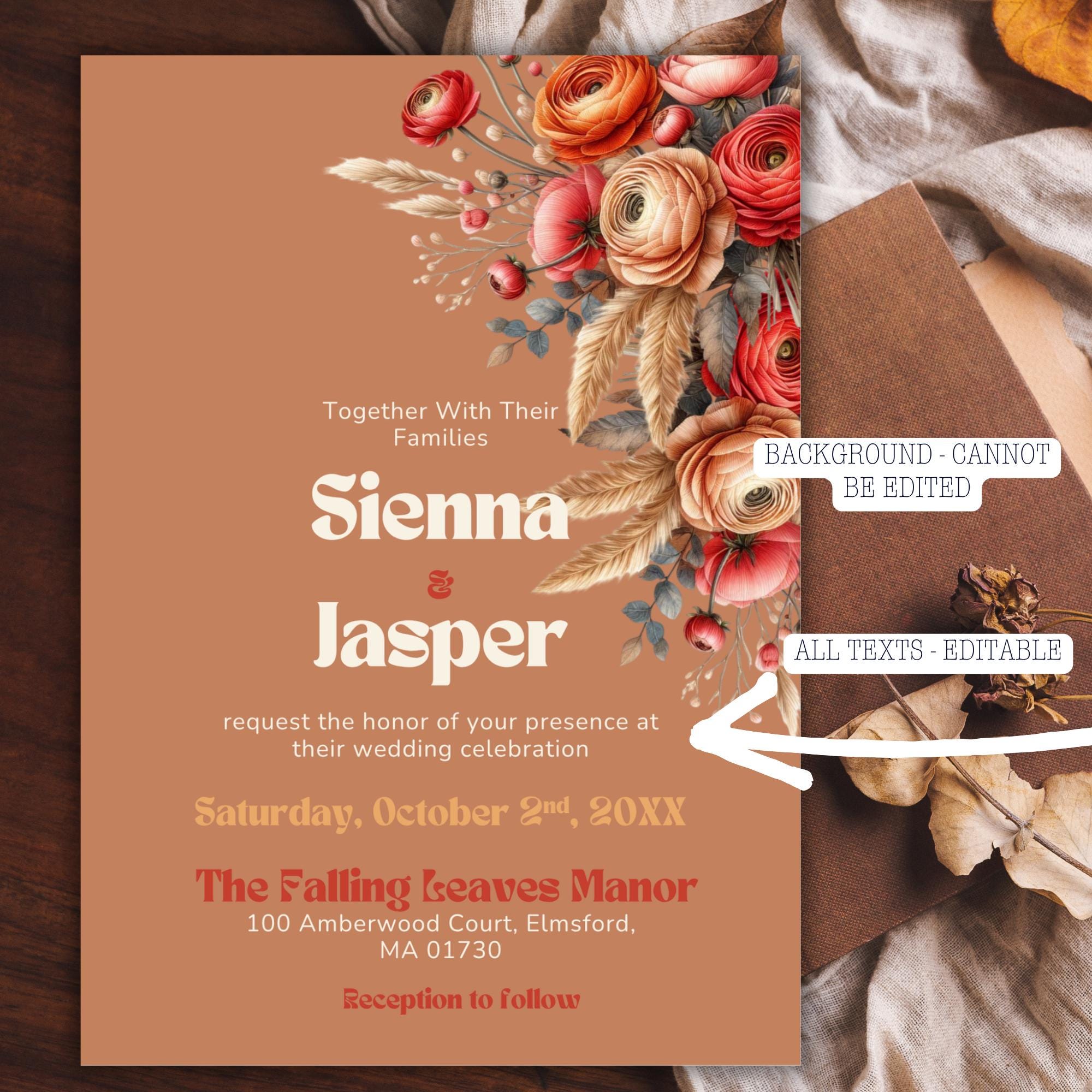 Editable Terracotta Fall Floral Wedding Invitation Template, Printable ...
