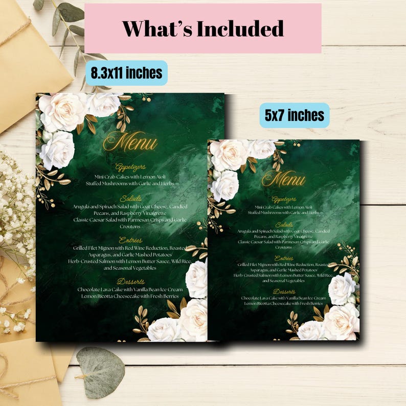 Editable Emerald Green and Gold Menu Card Template, Printable Green ...