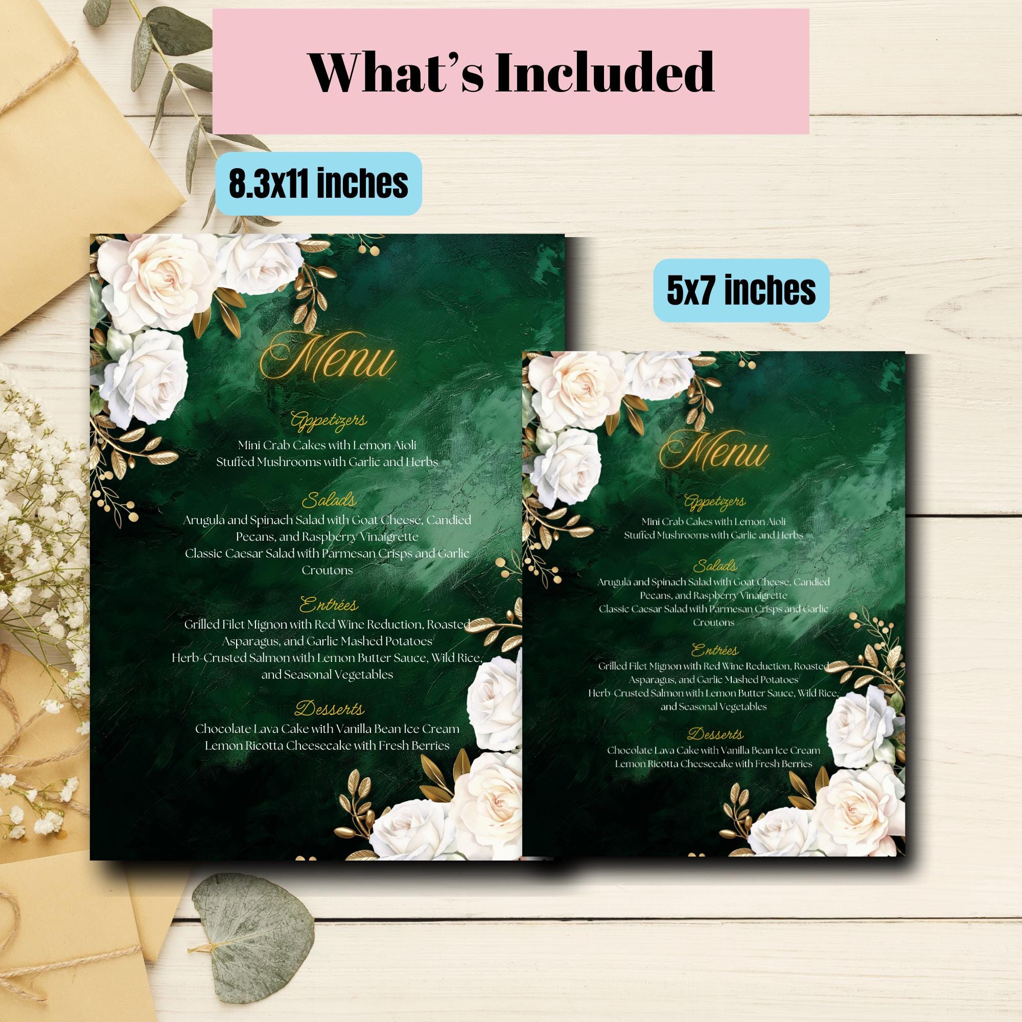 Editable Emerald Green and Gold Menu Card Template, Printable Green ...