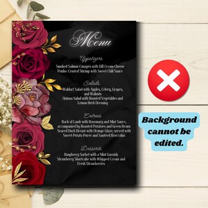 Editable Red Black Gold Wedding Menu Card Template, Printable Red Roses ...