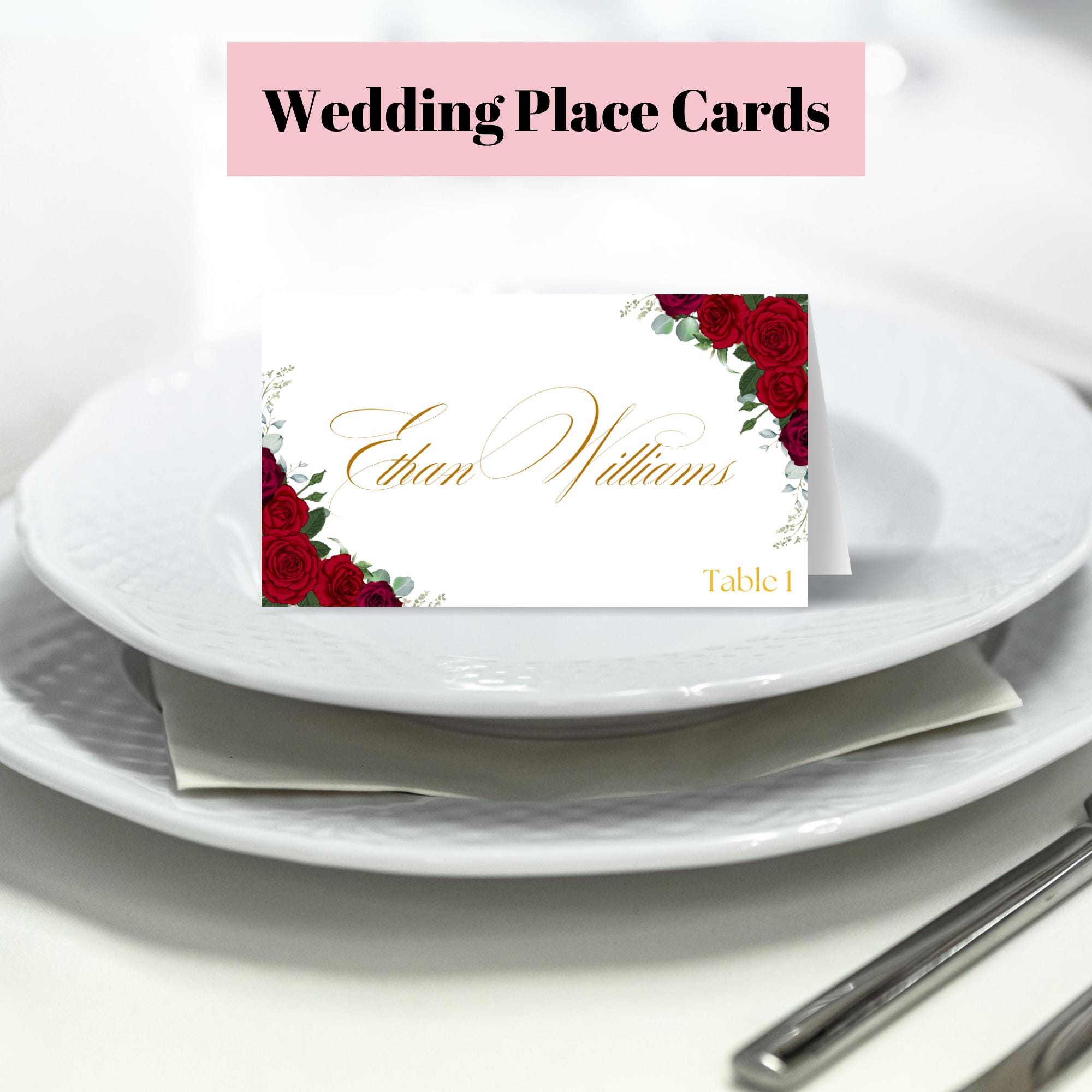 Wedding Place Card Template White Background and Red Roses Editable ...