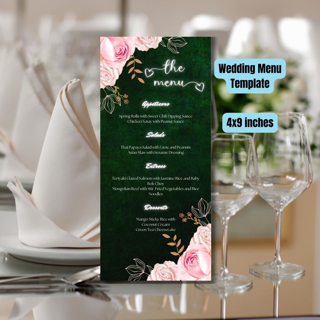 Editable Emerald Green With Blush Pink Roses Wedding Menu Card Template ...