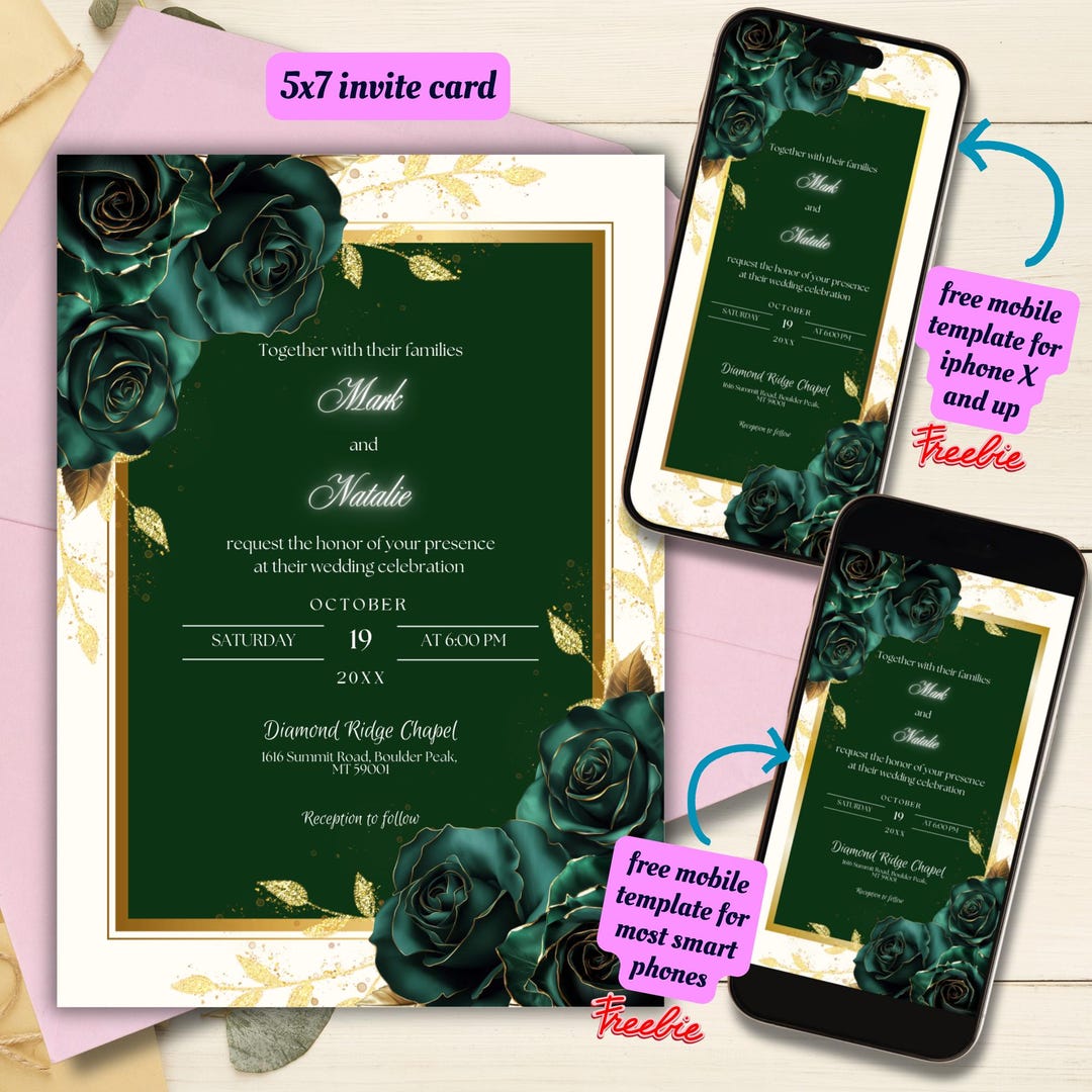 Editable Emerald Green With Green Roses Wedding Invitation Template ...
