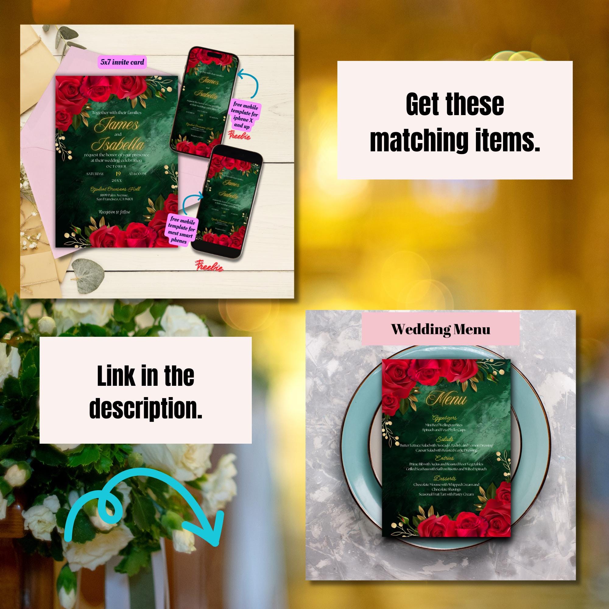 Editable Emerald Green and Red Roses With Gold Accents Wedding 4x9 Menu ...