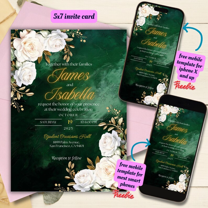 Editable Emerald Green Wedding Invitation Template, Gold and Green ...