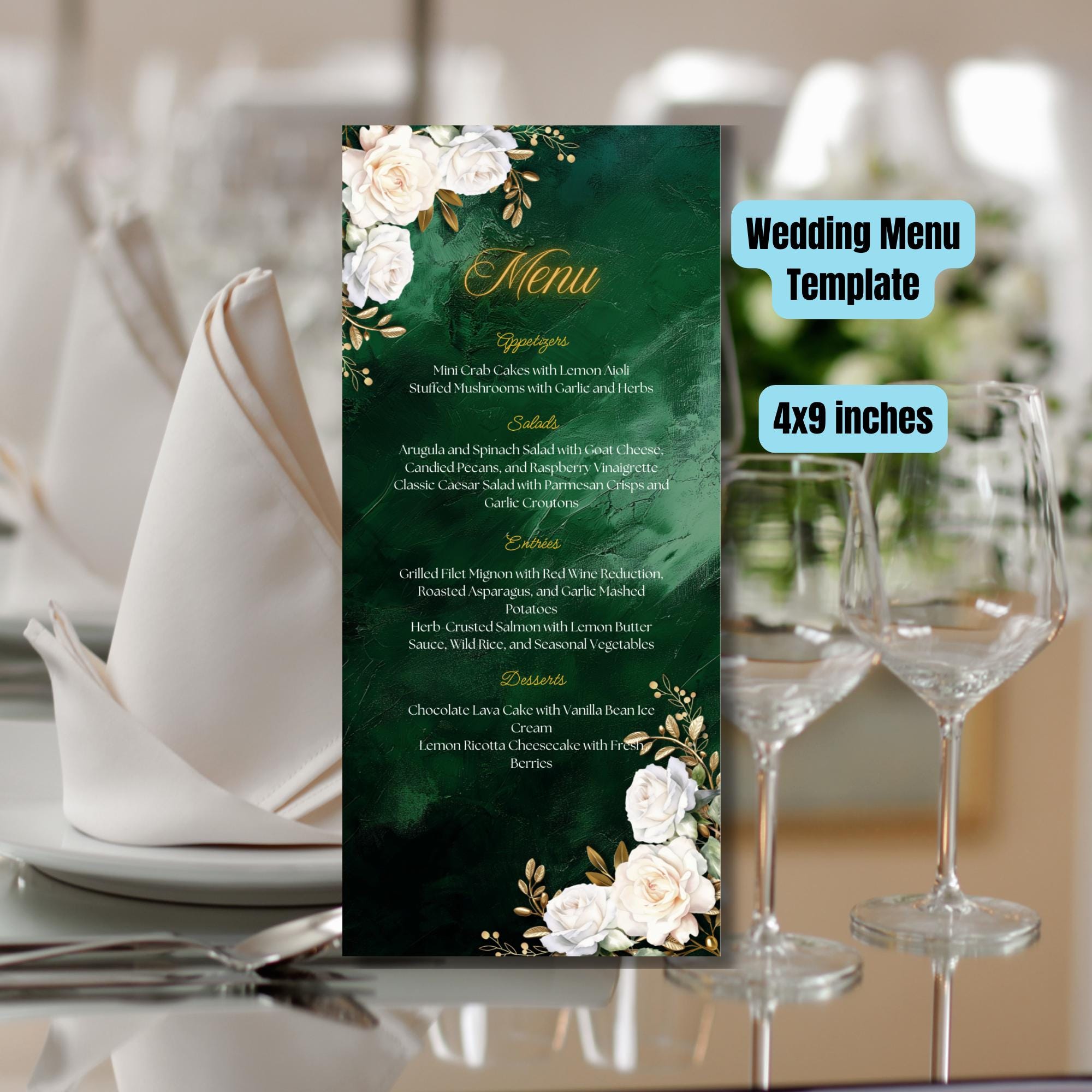 Editable Emerald Green and Gold 4x9 Menu Card Template, Printable Green ...