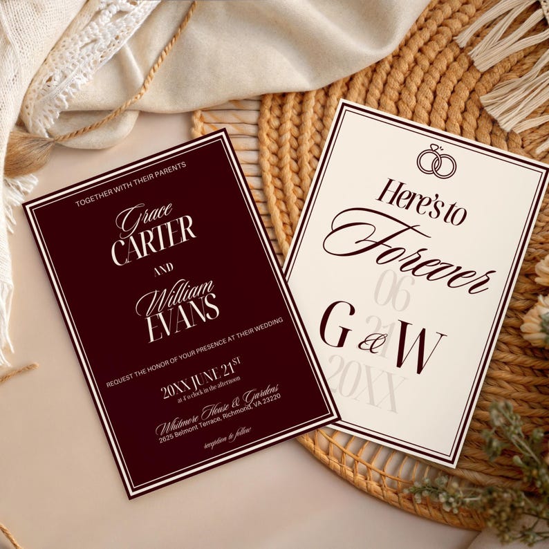 Editable Old Money Wedding Invitation Template, Printable Burgundy ...
