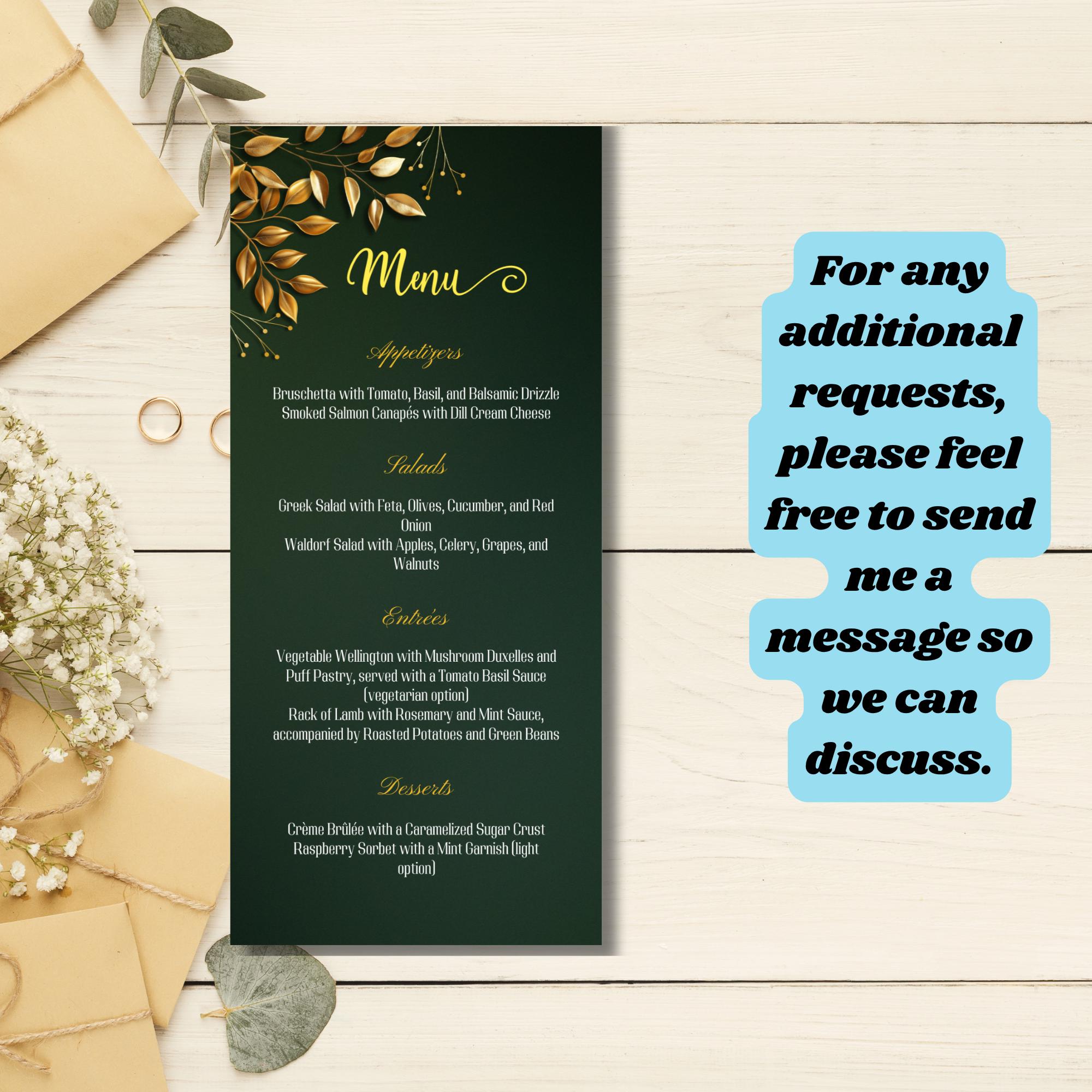 Editable Emerald Green and Gold Leaves Wedding Menu 4x9 Template ...