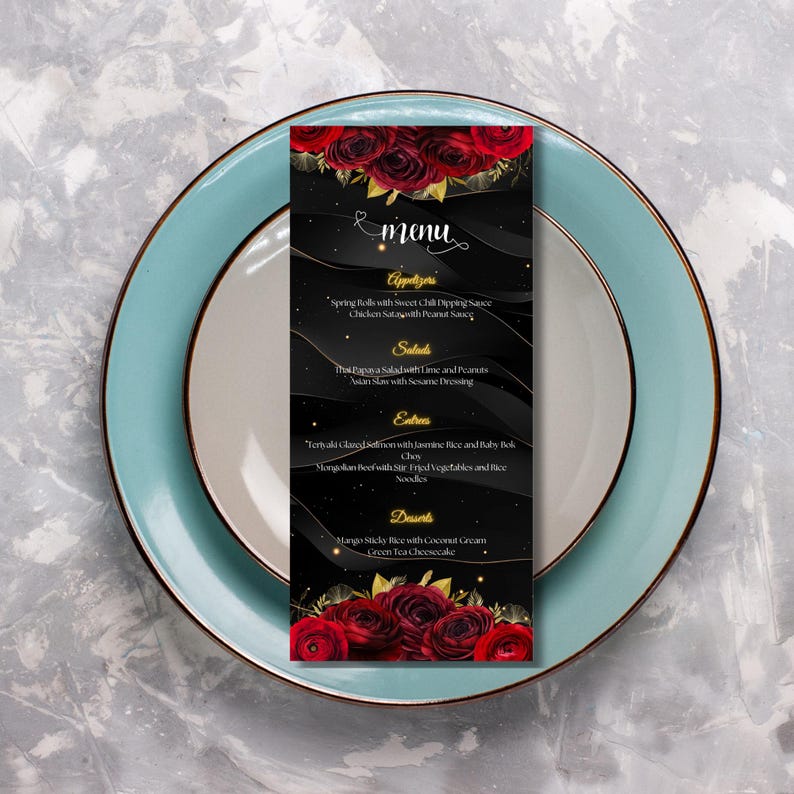 Editable Black Red Gold Wedding 4x9 Menu Template, Printable Black and ...