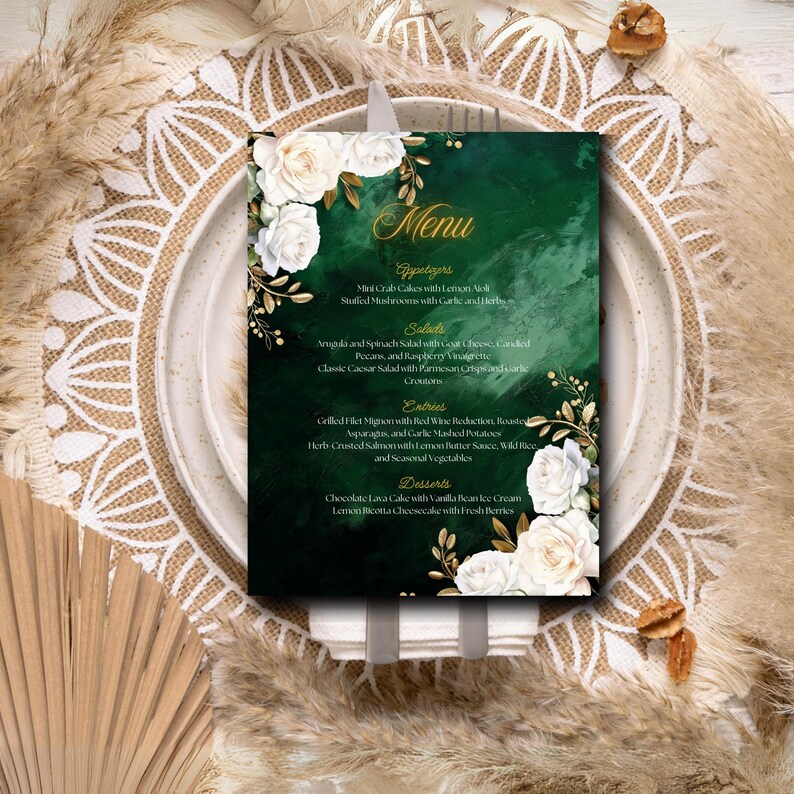 Editable Emerald Green and Gold Menu Card Template, Printable Green ...