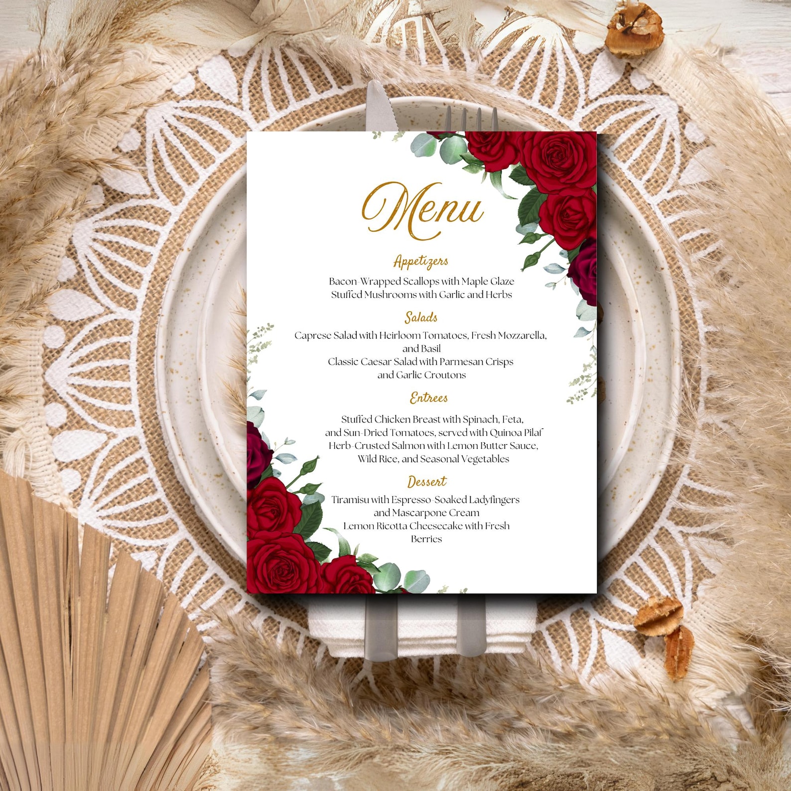 Wedding Menu Template Red Roses Editable, Wedding Menu Cards Template ...