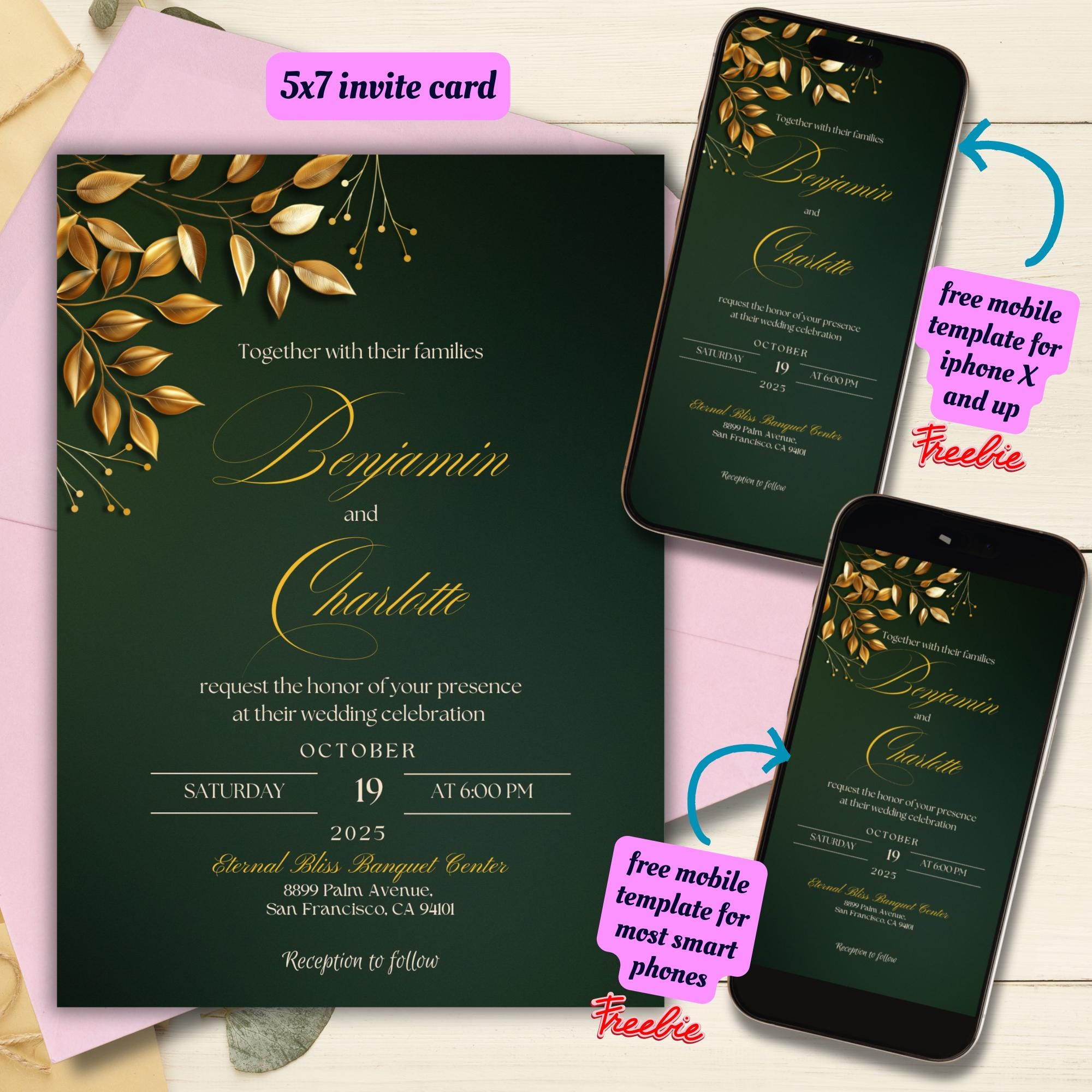 Editable Emerald Green & Gold Wedding Invitation Template, Green and ...