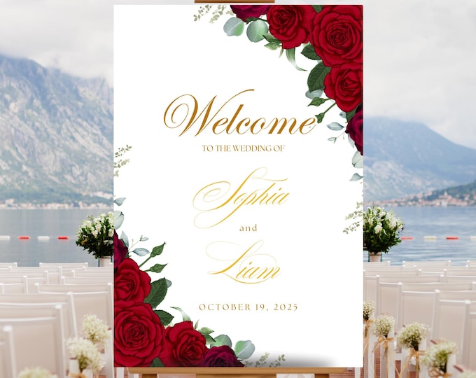 Editable Red Roses Welcome Sign Templates Red and Gold Wedding Welcome ...