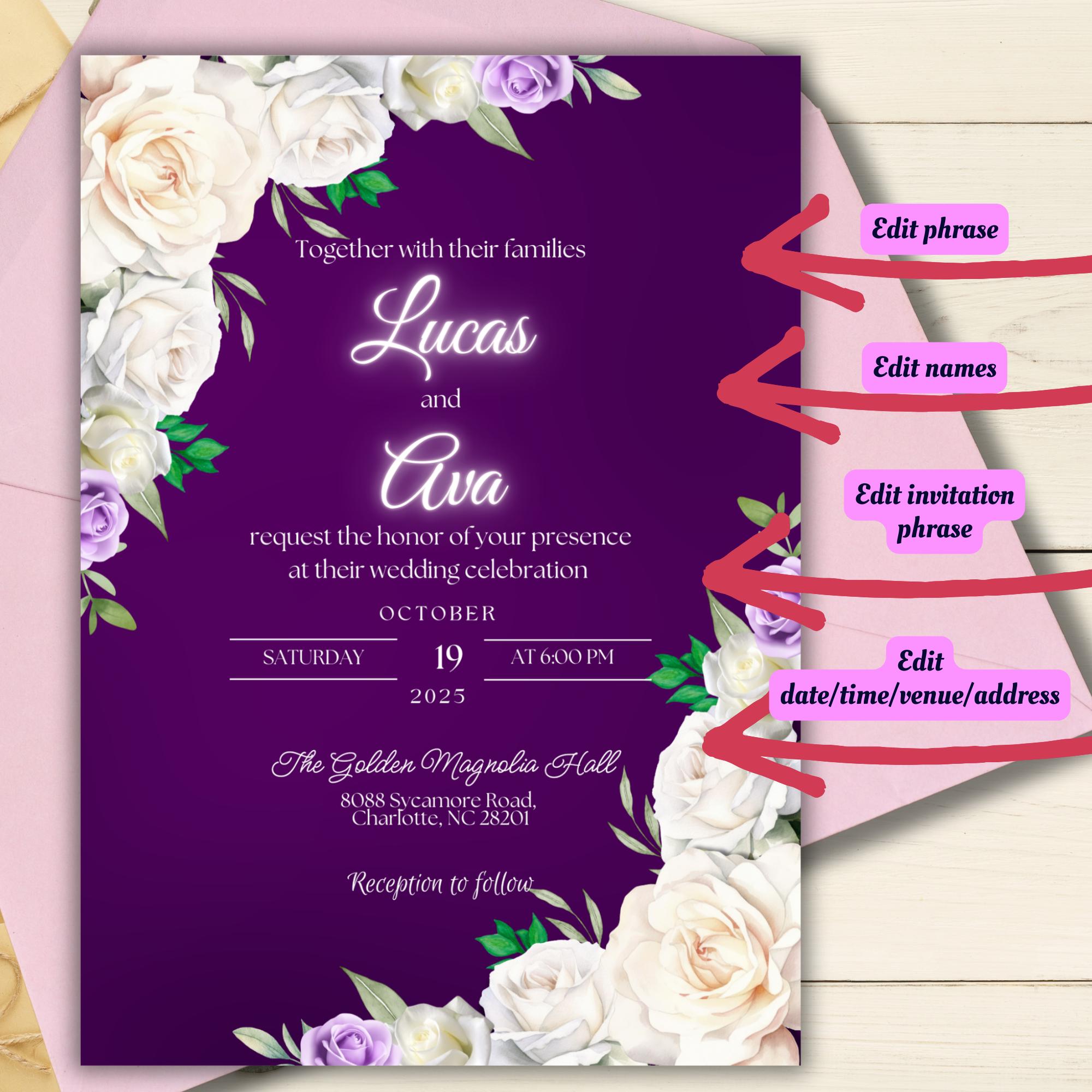 Wedding Invitation Template Purple Background With White Roses Editable ...